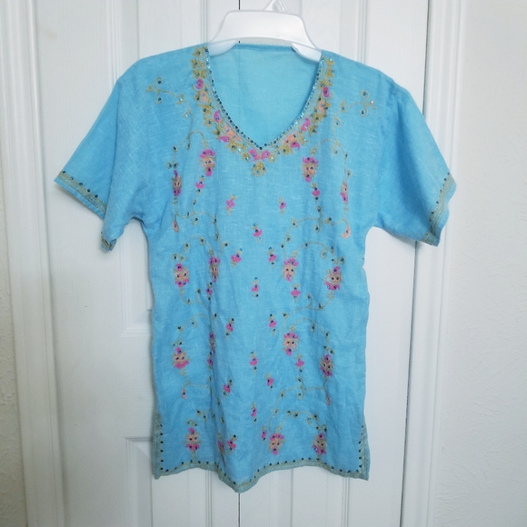 Tops | Embroidered Sequined Floral Short Sleeves Tunic Top | Poshmark